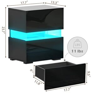 SUPERJARE LED Nightstands Set of 2, 23.7''H LED Night Stands, High Gloss Drawers, Bed Side Tables with LED Lights, Remote, Tall Modern Nightstands, Night End Tables, for Bedroom - Black