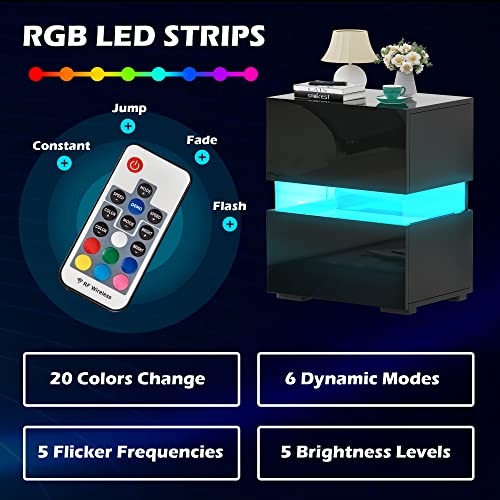 SUPERJARE LED Nightstands Set of 2, 23.7''H LED Night Stands, High Gloss Drawers, Bed Side Tables with LED Lights, Remote, Tall Modern Nightstands, Night End Tables, for Bedroom - Black