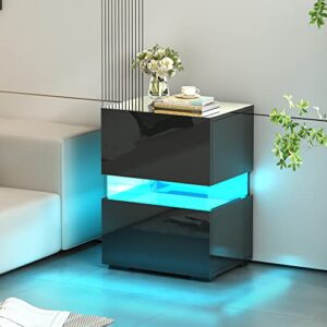 SUPERJARE LED Nightstands Set of 2, 23.7''H LED Night Stands, High Gloss Drawers, Bed Side Tables with LED Lights, Remote, Tall Modern Nightstands, Night End Tables, for Bedroom - Black