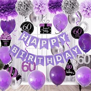 60th Birthday Decorations Women Purple Silver/Women 60th Birthday Party Decorations Purple Silver Black Foil Hanging Swirls with Balloons for Women 60 Birthday Party Supplies