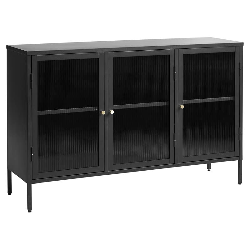 Unique Furniture Modern Steel Sideboard with 3 Hinged Doors and 2 Adjustable Shelves, 33.5" H x 52" L x 15.75" W, Black/Golden