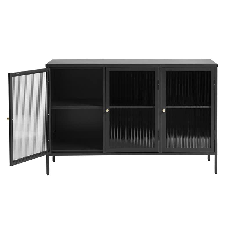 Unique Furniture Modern Steel Sideboard with 3 Hinged Doors and 2 Adjustable Shelves, 33.5" H x 52" L x 15.75" W, Black/Golden