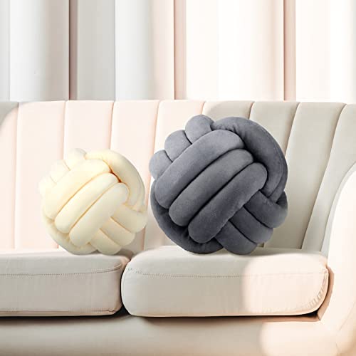 2 Pieces Soft Knot Ball Pillows Round Throw Pillow Cushion Home Decoration Plush Pillow, Throw Knotted Pillow Handmade Round Plush Pillow White, 7.8 Inch, Gray, 10.6 Inch