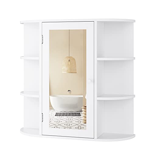 FOTOSOK Bathroom Medicine Cabinet with Single Mirror Door, Wall Mounted Medicine Cabinet with 2 Inner Adjustable Shelves and 6 Open Fixed Shelves, Storage Medicine Cabinet for Bathroom, White