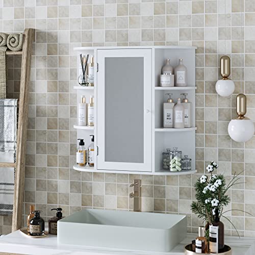 FOTOSOK Bathroom Medicine Cabinet with Single Mirror Door, Wall Mounted Medicine Cabinet with 2 Inner Adjustable Shelves and 6 Open Fixed Shelves, Storage Medicine Cabinet for Bathroom, White