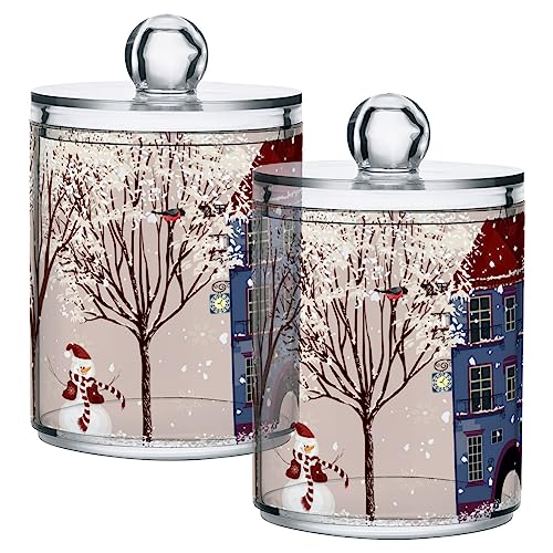 Gredecor Christmas Winter Qtip Holder Dispenser 2 Pack Snowmen Snow Courtyard with Trees Bathroom Decorative Storage Canister Holder Counter Vanity Organizer for Cotton Ball Swabs Pads Floss