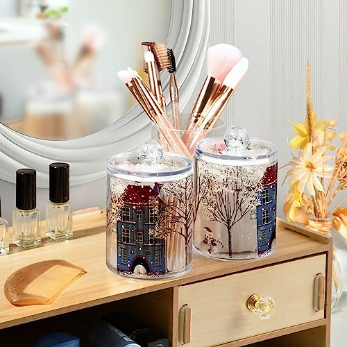 Gredecor Christmas Winter Qtip Holder Dispenser 2 Pack Snowmen Snow Courtyard with Trees Bathroom Decorative Storage Canister Holder Counter Vanity Organizer for Cotton Ball Swabs Pads Floss