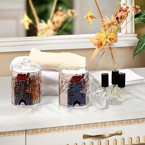 Gredecor Christmas Winter Qtip Holder Dispenser 2 Pack Snowmen Snow Courtyard with Trees Bathroom Decorative Storage Canister Holder Counter Vanity Organizer for Cotton Ball Swabs Pads Floss