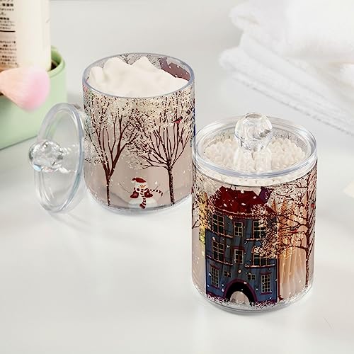 Gredecor Christmas Winter Qtip Holder Dispenser 2 Pack Snowmen Snow Courtyard with Trees Bathroom Decorative Storage Canister Holder Counter Vanity Organizer for Cotton Ball Swabs Pads Floss