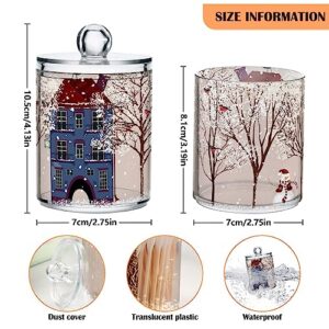 Gredecor Christmas Winter Qtip Holder Dispenser 2 Pack Snowmen Snow Courtyard with Trees Bathroom Decorative Storage Canister Holder Counter Vanity Organizer for Cotton Ball Swabs Pads Floss