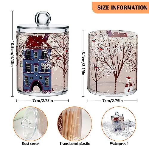 Gredecor Christmas Winter Qtip Holder Dispenser 2 Pack Snowmen Snow Courtyard with Trees Bathroom Decorative Storage Canister Holder Counter Vanity Organizer for Cotton Ball Swabs Pads Floss