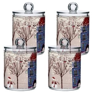 Gredecor Christmas Winter Qtip Holder Dispenser 2 Pack Snowmen Snow Courtyard with Trees Bathroom Decorative Storage Canister Holder Counter Vanity Organizer for Cotton Ball Swabs Pads Floss