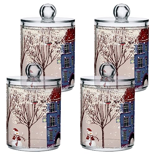 Gredecor Christmas Winter Qtip Holder Dispenser 2 Pack Snowmen Snow Courtyard with Trees Bathroom Decorative Storage Canister Holder Counter Vanity Organizer for Cotton Ball Swabs Pads Floss