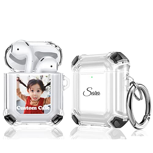 AnNengJing Custom Photo Name AirPods 1/2 Case with Keychain,Personalized Soft Clear TPU AirPods 1st 2nd Gen Case Cover (Black)