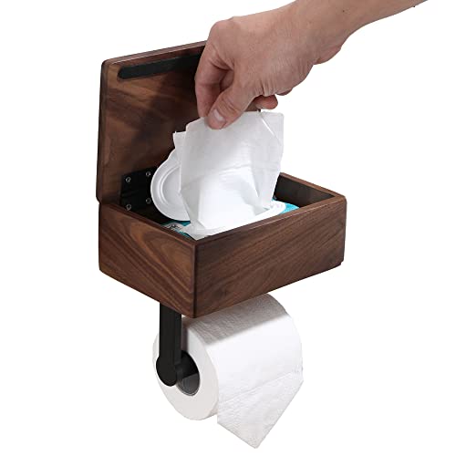 Day Moon Designs Toilet Paper Holder with Shelf - Flushable Wipes Dispenser & Storage Fits Any Bathroom, Keep Your Wet Wipes Hidden - Wooden Wall Mount Bathroom Organizer - Small, Dark Wood