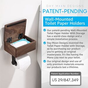 Day Moon Designs Toilet Paper Holder with Shelf - Flushable Wipes Dispenser & Storage Fits Any Bathroom, Keep Your Wet Wipes Hidden - Wooden Wall Mount Bathroom Organizer - Small, Dark Wood