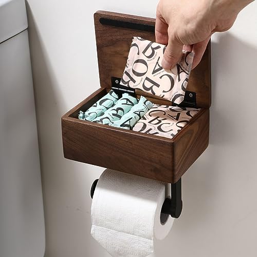 Day Moon Designs Toilet Paper Holder with Shelf - Flushable Wipes Dispenser & Storage Fits Any Bathroom, Keep Your Wet Wipes Hidden - Wooden Wall Mount Bathroom Organizer - Small, Dark Wood