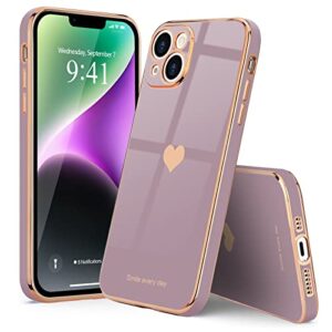 Teageo for iPhone 14 Case for Women Girl Cute Love Heart Luxury Electroplate Plating Soft Bling Back Cover Raised Full Camera Protection Bumper Silicone Shockproof Phone Case for iPhone 14, Lavender