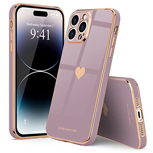 Teageo for iPhone 14 Pro Case for Women Girl Cute Love Heart Luxury Plating Soft Bling Back Cover Raised Full Camera Protection Bumper Silicone Shockproof Phone Case for iPhone 14 Pro, Lavender