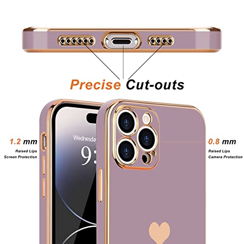 Teageo for iPhone 14 Pro Case for Women Girl Cute Love Heart Luxury Plating Soft Bling Back Cover Raised Full Camera Protection Bumper Silicone Shockproof Phone Case for iPhone 14 Pro, Lavender