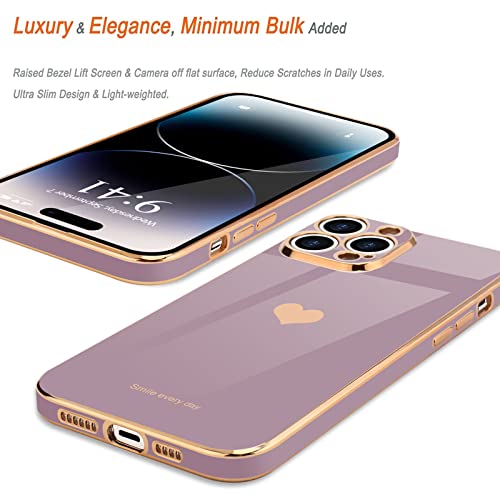 Teageo for iPhone 14 Pro Case for Women Girl Cute Love Heart Luxury Plating Soft Bling Back Cover Raised Full Camera Protection Bumper Silicone Shockproof Phone Case for iPhone 14 Pro, Lavender