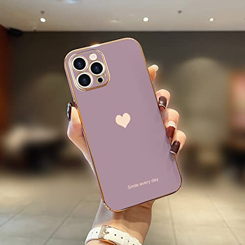 Teageo for iPhone 14 Pro Case for Women Girl Cute Love Heart Luxury Plating Soft Bling Back Cover Raised Full Camera Protection Bumper Silicone Shockproof Phone Case for iPhone 14 Pro, Lavender