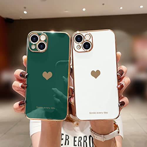 Teageo for iPhone 14 Plus Case for Women Girl Cute Love Heart Luxury Plating Soft Bling Back Cover Raised Full Camera Protection Bumper Silicone Shockproof Phone Case for iPhone 14 Plus, White