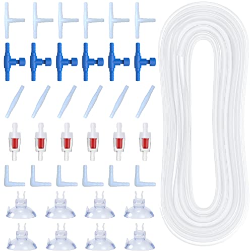 AquaMonica Aquarium 355 Inch Airline Tubing Air Pump Accessories Set 6 Barb Check Value for Fish Tank 8 Aquarium Suction Cups 6 Barb air Controller and 18 in Total for I,L,T Shape Barb Connectors