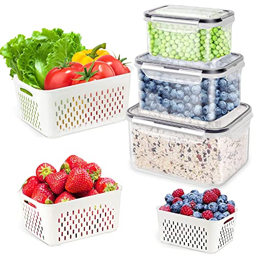 WBKTOOL Fruit Storage Containers for Fridge, 3 Pack Vegetable Container Produce Saver with Drain Colanders + Lids, Berry Containers Salad Lettuce Food Fresh Keeper for Refrigerator Organizer