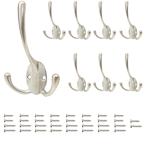 8 Pack Triple Coat Hook Heavy Duty Robe Hooks Wall Mounted for Hat Towel Clothes, Three Prongs Retro Coats Hangers Hardware Zinc Alloy Hook for Farmhouse Bathroom Backdoor Mudroom, Silver