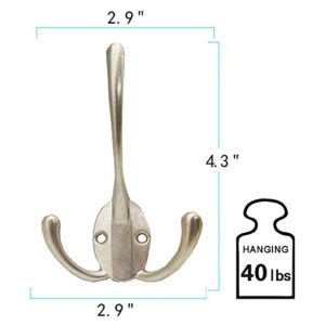 8 Pack Triple Coat Hook Heavy Duty Robe Hooks Wall Mounted for Hat Towel Clothes, Three Prongs Retro Coats Hangers Hardware Zinc Alloy Hook for Farmhouse Bathroom Backdoor Mudroom, Silver