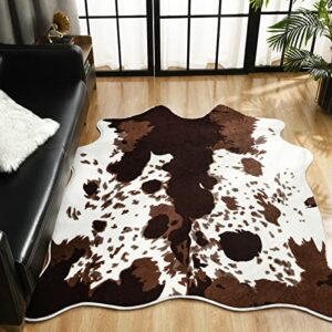 kimicole cute cow print rug faux cowhide rug, upgraded fluffy animal printed area rug for living room bedroom office western decor, luxury animal print carpet non-slip, brown and white, 4.6ft x 5.2ft