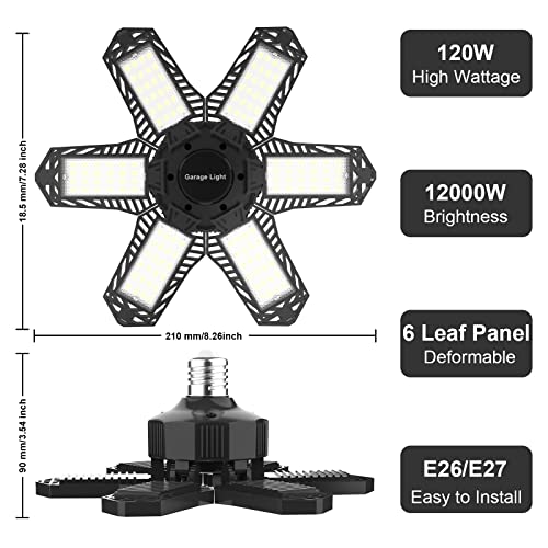 DAJOUJS 8 Pack LED Garage Lights 120W LED Shop Light with 6 Ultra Bright Adjustable Panels Led Lights for Garage Light Deformable Ceiling Lights for Garage Attic Basement E26 E27 Base