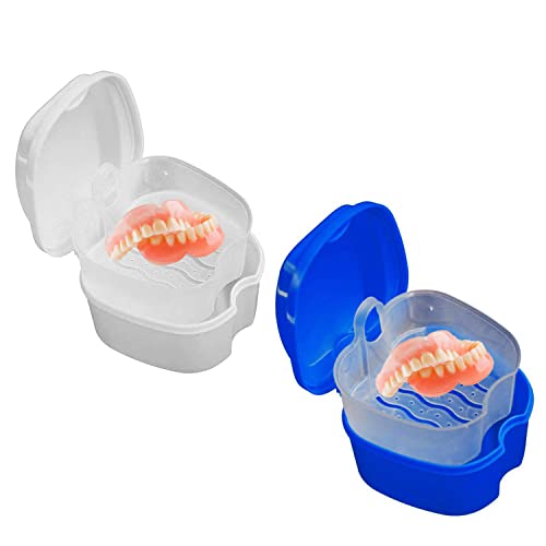 OBTANIM 2 Pack Denture Bath Cup Case Box Holder Storage Soak Container with Strainer Basket for RetainersTravel False Teeth Cleaning (White, Blue)