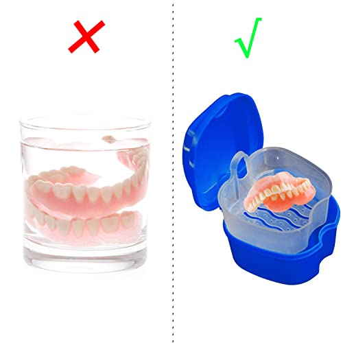 OBTANIM 2 Pack Denture Bath Cup Case Box Holder Storage Soak Container with Strainer Basket for RetainersTravel False Teeth Cleaning (White, Blue)