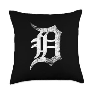 detroit michigan designs. vintage letter d detroit michigan 313 area code, white throw pillow, 18x18, multicolor