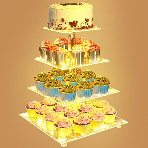 Utopia Home - Square Acrylic Cupcake Stand with Yellow LED Light Strings - 4 Tier Premium Cupcake Tower - Cup Cake Tier Stand for Dessert Table - Ideal for Weddings Birthday Parties