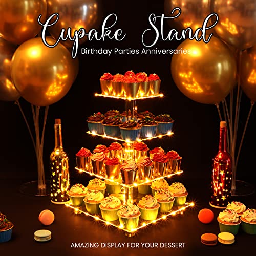 Utopia Home - Square Acrylic Cupcake Stand with Yellow LED Light Strings - 4 Tier Premium Cupcake Tower - Cup Cake Tier Stand for Dessert Table - Ideal for Weddings Birthday Parties