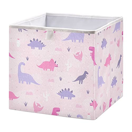 Kigai Pink Cartoon Dinosaur Cube Storage Bins - 11x11x11 in Large Foldable Cubes Organizer Storage Basket for Home Office, Nursery, Shelf, Closet