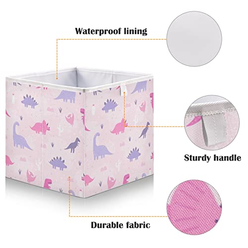 Kigai Pink Cartoon Dinosaur Cube Storage Bins - 11x11x11 in Large Foldable Cubes Organizer Storage Basket for Home Office, Nursery, Shelf, Closet