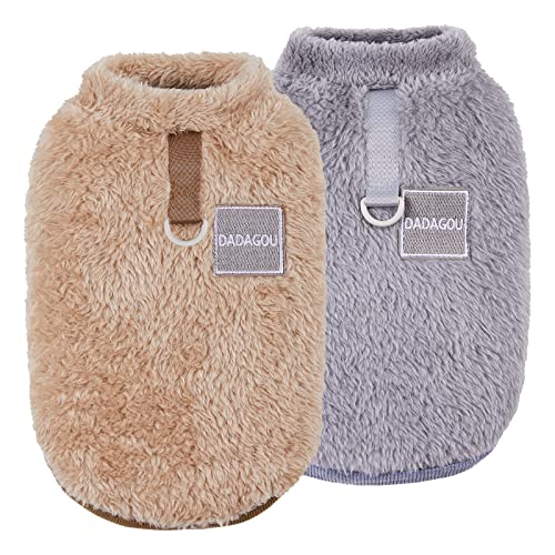 Loyanyy 2 Pack Dog Sweater Vests Warm Fleece Cat Clothes with Leash Ring Plush Cute Puppy Kitten Soft Stretchy Pullover for Winter Brown Grey Large(Tag XL)