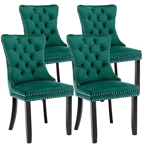 Dining Chairs Set of 4, Modern Upholstered Velvet Dining Room Chairs with Ring Pull Trim and Button Back,Luxury Tufted Dining Chair for Living Room,Kitchen(Green)