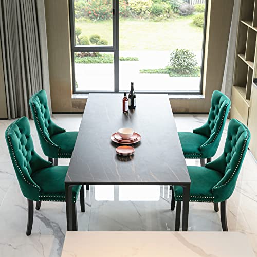 Dining Chairs Set of 4, Modern Upholstered Velvet Dining Room Chairs with Ring Pull Trim and Button Back,Luxury Tufted Dining Chair for Living Room,Kitchen(Green)