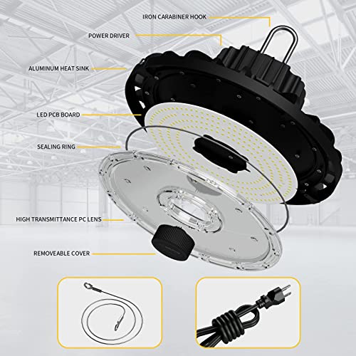 Adiding UFO LED High Bay Light 150W Bright 150lm/W 22500 Lumens 5000K Daylight Shop Lights Fixture IP65 Waterproof with Power Cable, Carabiner Hanging Hook, Motion Sensor Optional for Warehouse Barn