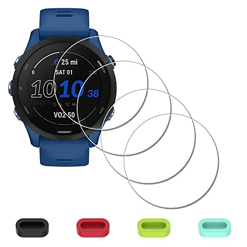 iDaPro [4 Pack] Screen Protector for Garmin Forerunner 255/255 Music 46mm Smartwatch + Silicone Anti-dust Plugs Tempered Glass Anti-Scratch Bubble-Free