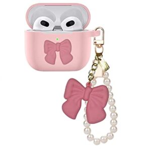 Case for AirPods 3 Case Cover with Bow Pearl Wrist Keychain, Cute Bowknot Protective Silicone Skin for Women Girl Teens with Apple 2021 Latest AirPod 3rd Generation Charging Case (Pink)