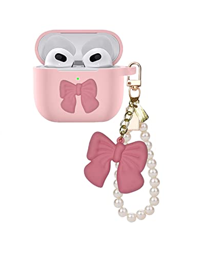 Case for AirPods 3 Case Cover with Bow Pearl Wrist Keychain, Cute Bowknot Protective Silicone Skin for Women Girl Teens with Apple 2021 Latest AirPod 3rd Generation Charging Case (Pink)