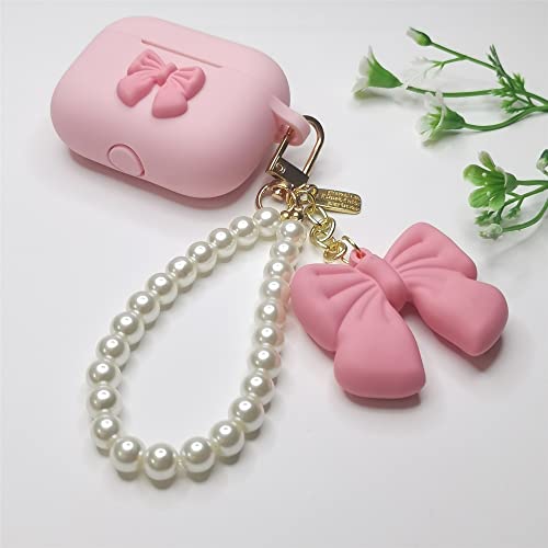 Case for AirPods 3 Case Cover with Bow Pearl Wrist Keychain, Cute Bowknot Protective Silicone Skin for Women Girl Teens with Apple 2021 Latest AirPod 3rd Generation Charging Case (Pink)