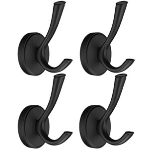 tofiigrem matte black wall hooks double hook, heavy duty thick metal bath coat hooks for hanging key robe hat backpack, wall mount hooks bathroom kitchen garage hooks(4 pack, black)