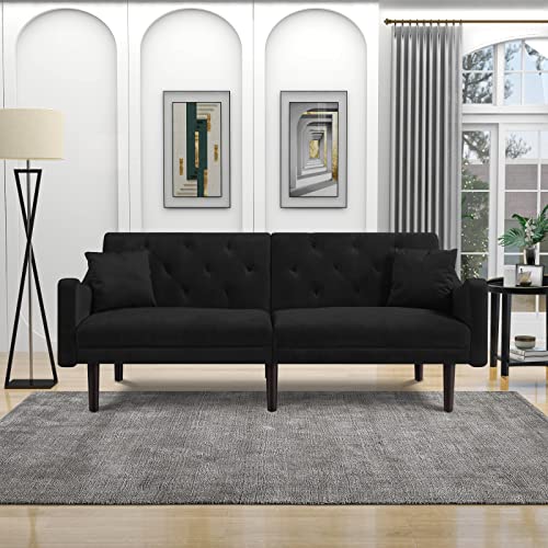 EMKK Futon Sofa Sleeper Velvet with 2 Pillows,Adjustable Backrest Loveseat,Upholstered 2-Seater Couch Convertible Sofá Bed for Living Room, Small Space, Apartment, Dorm, Office, Black 72.8”